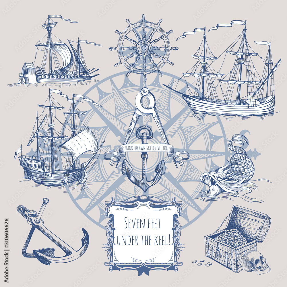 Set of decorative elements for the design of an old geographical map ...