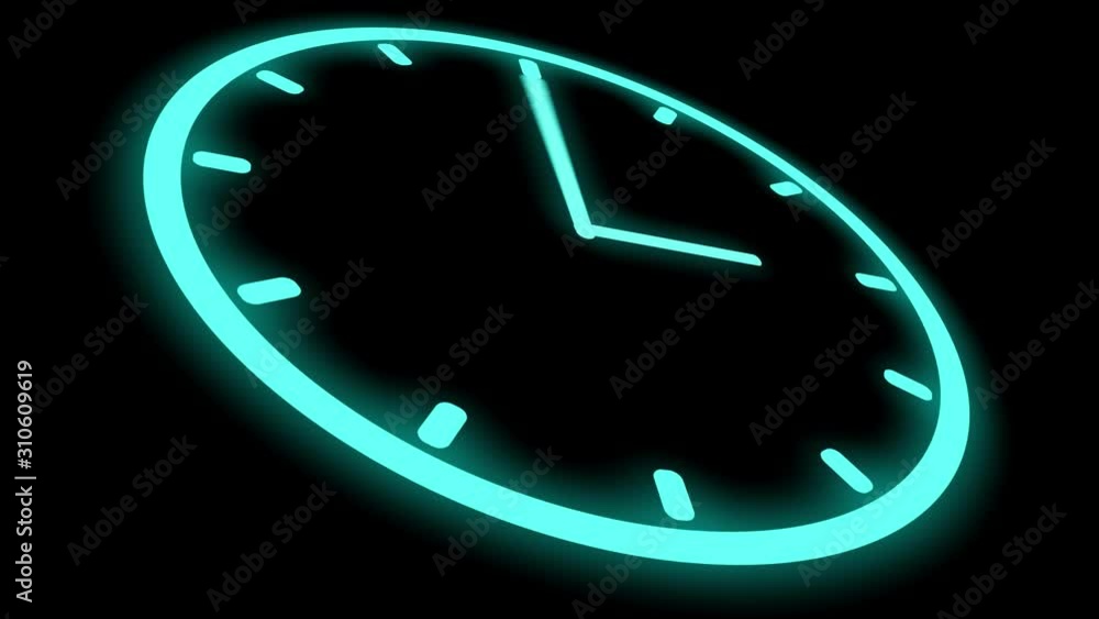 Fast moving clock Neon bright glowing spinning animation 3D rendering ...