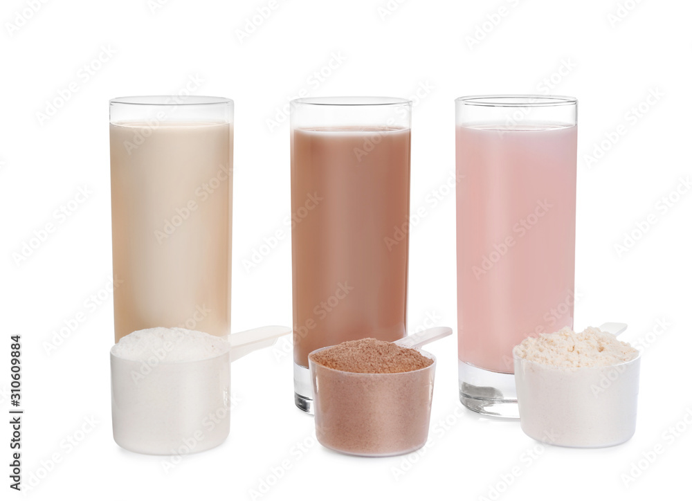 Protein shakes and different types of powder isolated on white Stock ...