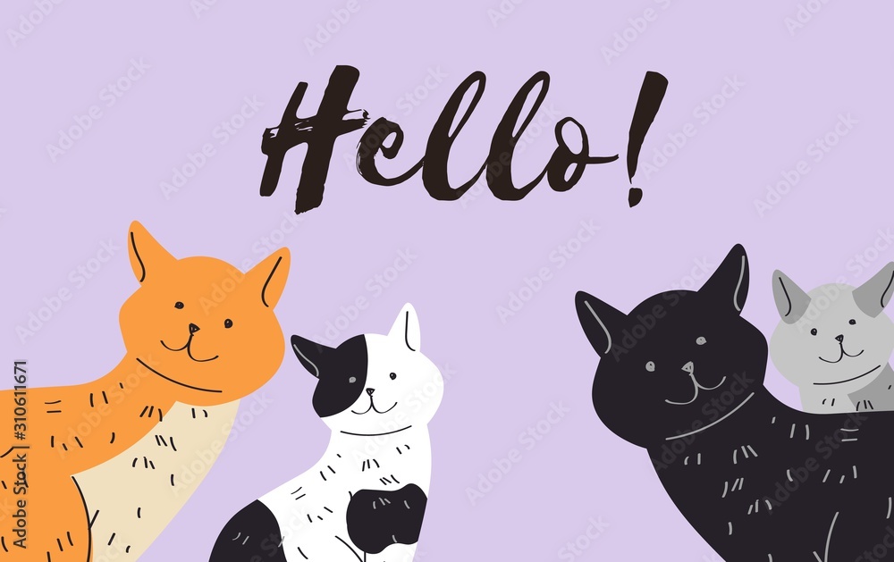 Hello cat text card vector illustration funny style cats characters ...