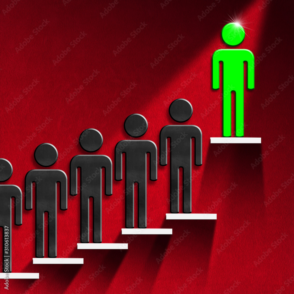 3D illustration of black human figures, the highest green, on a ...