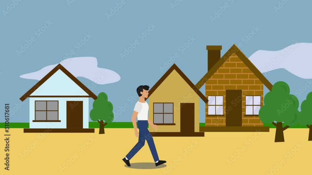 2D animation, side view of Caucasian man walking along the road in ...