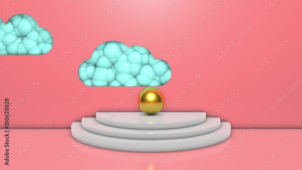 3D animation of a room with pink walls and a Golden sphere in the ...