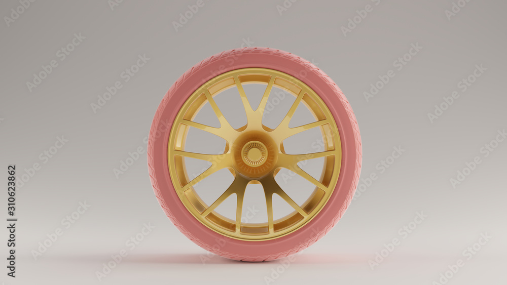 Pink an Gold Alloy Rim Wheel with a Complex 14 Spoke Offset Open Wheel ...
