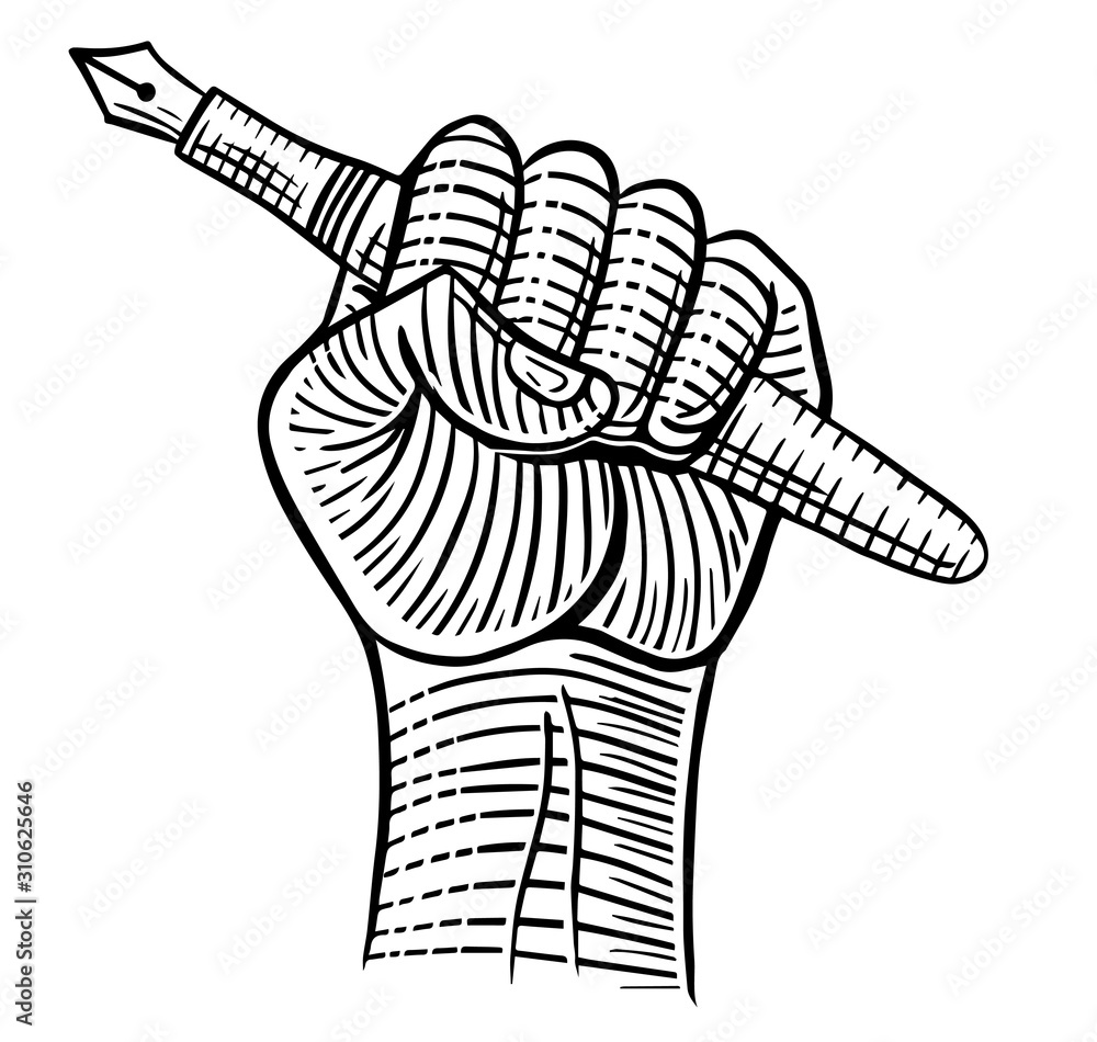 hand holding pen, education concept hand drawn engraved sketch drawing ...