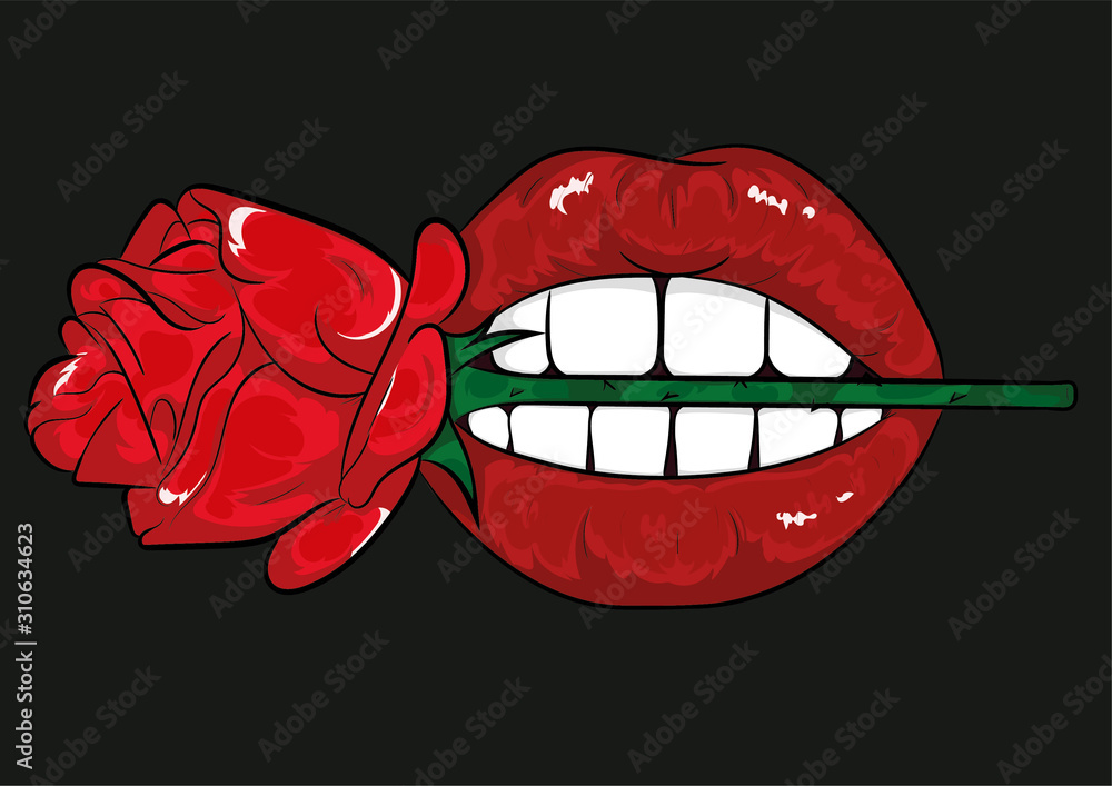cartoon lips with rose, rose, cartoon lips,lips Stock Illustration ...