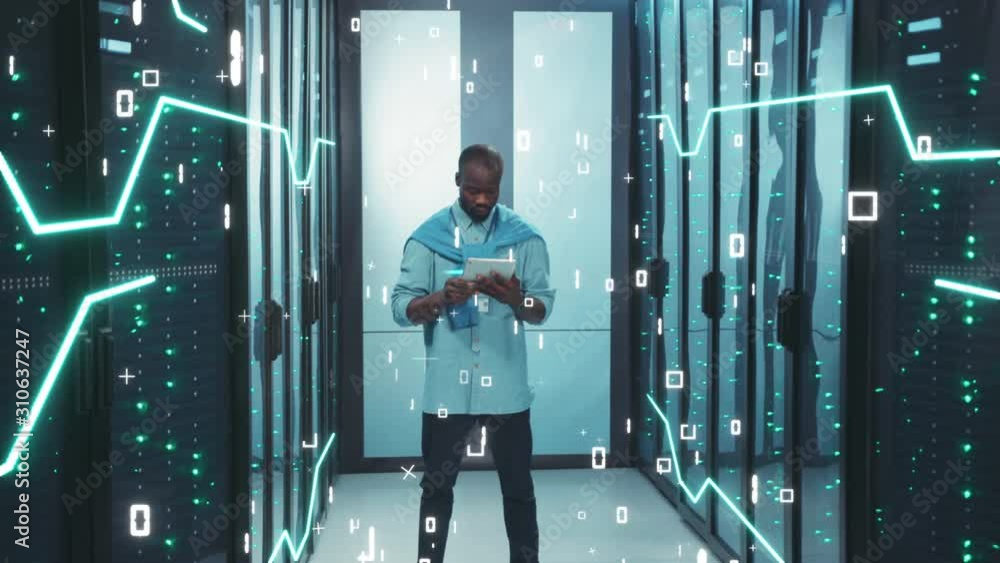 Digitalization of Information. African IT Engineer Controlling Server ...