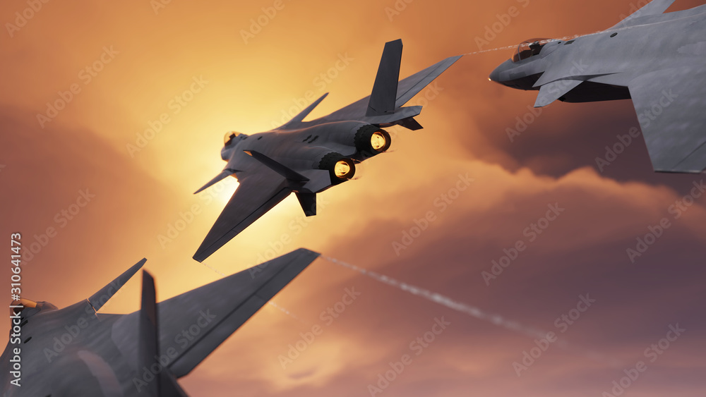 Chinese stealth military fighter jets flying together back view 3d ...