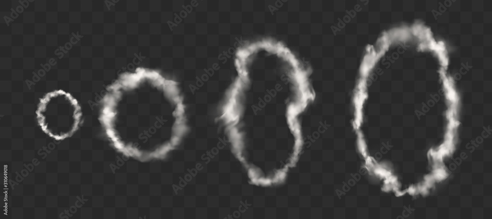 White smoke rings from cigarette, pipe or vape. Vector realistic circle ...