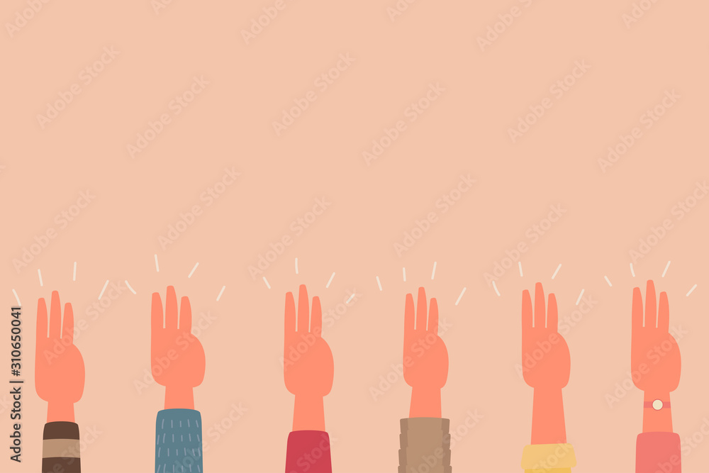 human hand raised up with three finger sign teamwork concept, vector ...