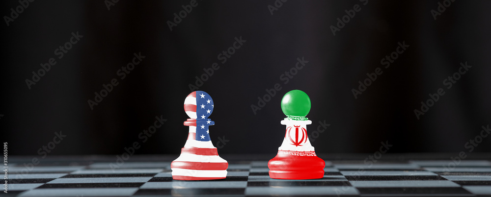 USA flag and Iran flag print screen on chess with black background.It ...