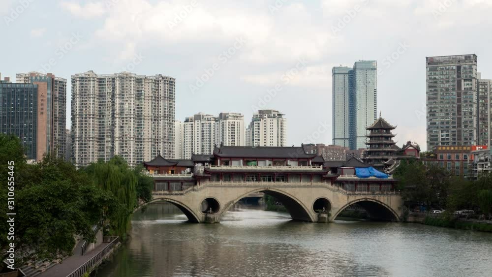 Timelapse famous ancient Anshun Lang Bridge in Chengdu capital of China ...