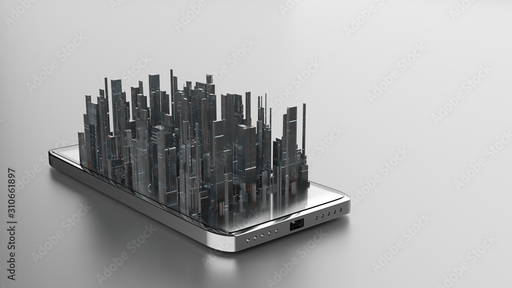 3D Rendering of mobile phone with small dimension skyscraper city ...