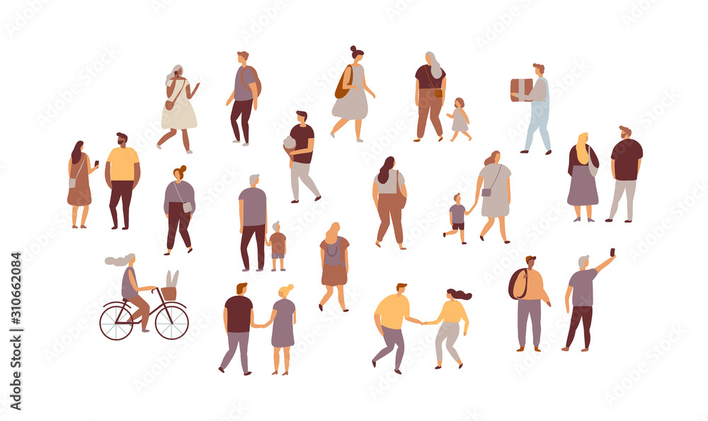 Walking tiny people flat vector set isolated on white. Men and women ...