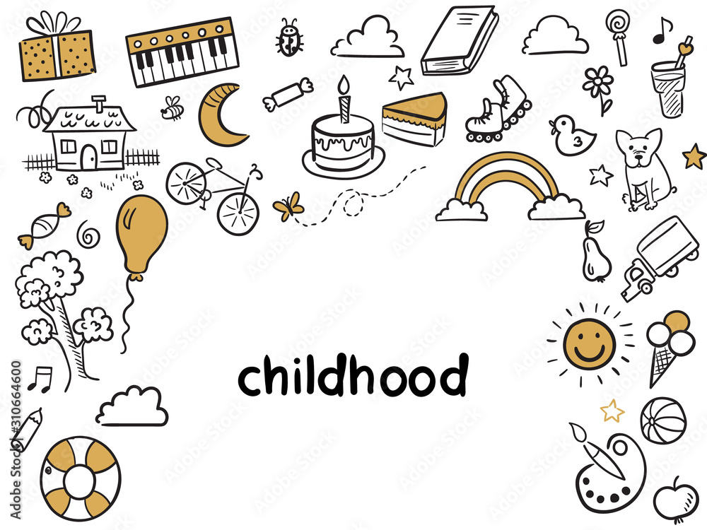 Doodle set of objects from a child’s life, sketch outline elements for ...