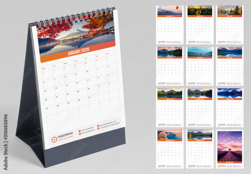 2020 Vertical Desk Calendar with Gradient Orange Accents Stock Template ...