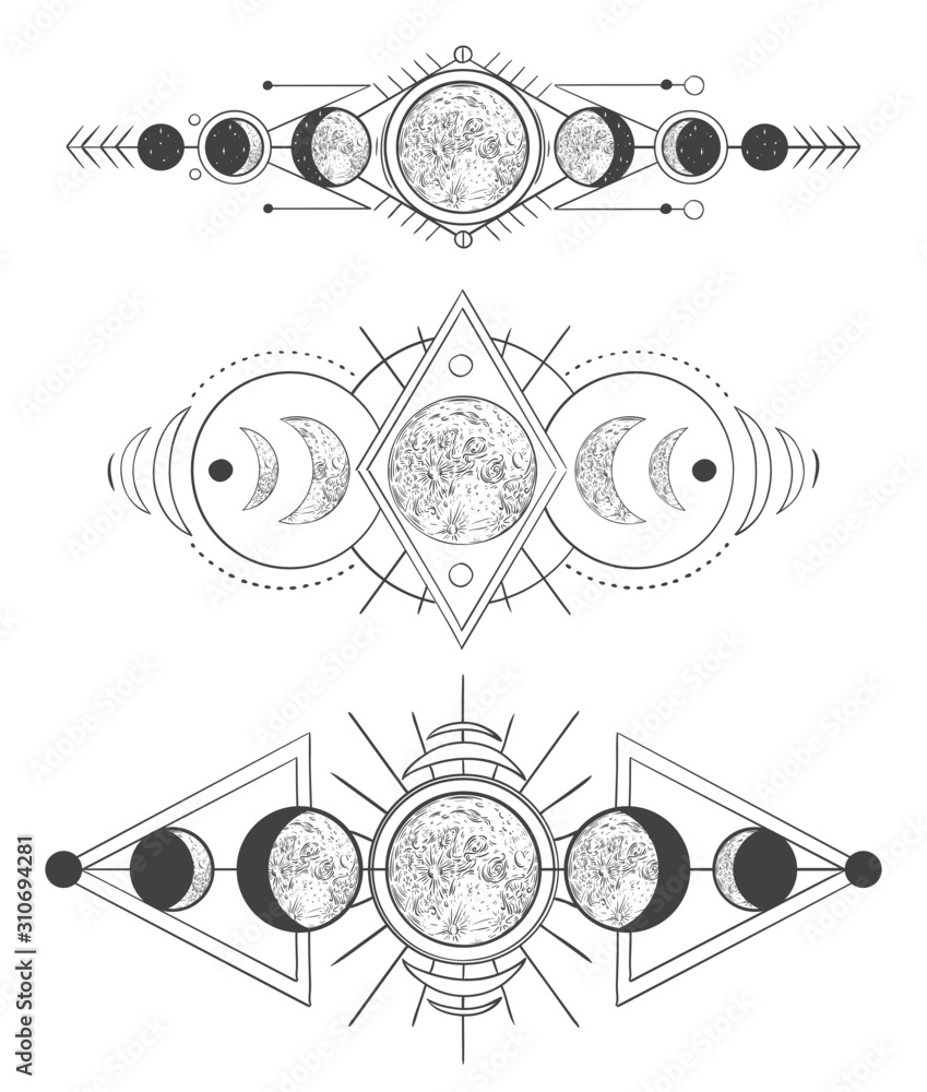 Moons phases in mystic sky. Mother moon, hand drawn pagan tattoo or ...