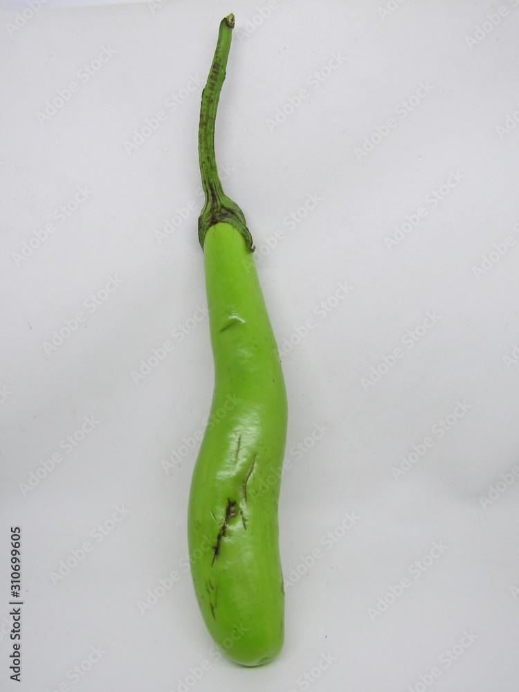 Close up view of green color eggplant or terung terong hijau or ...