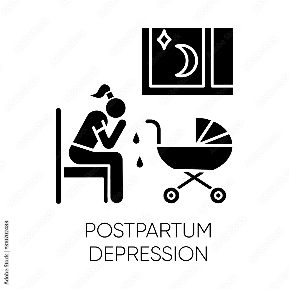 Postpartum depression glyph icon. Crying woman. Delivering infant ...