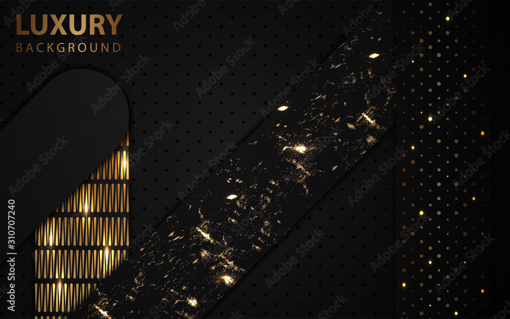 Luxury black paper shapes background a combination with golden glitters ...