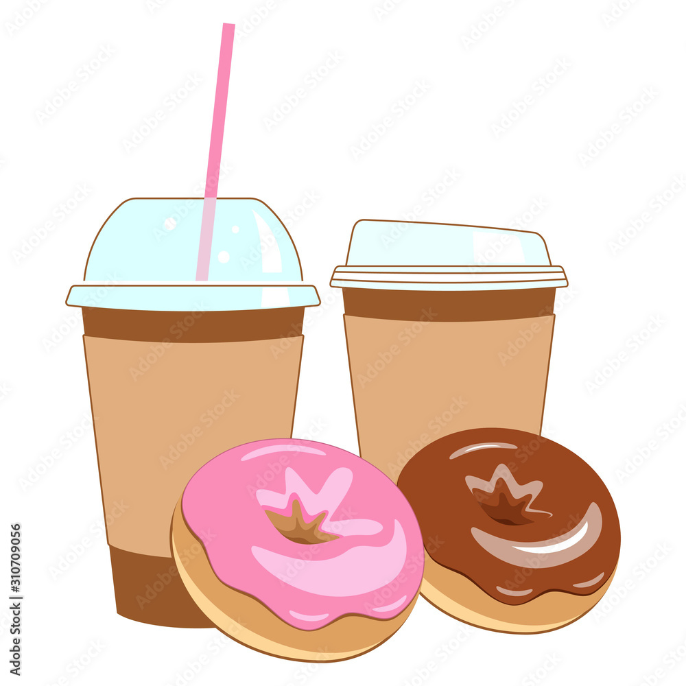 Doughnut and coffee. Coffee cups and donuts vector template. Donut and ...