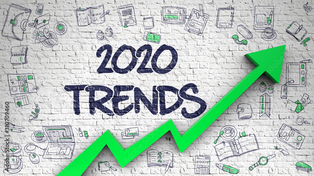 Brick Wall with 2020 Trends Inscription and Green Arrow. Business ...