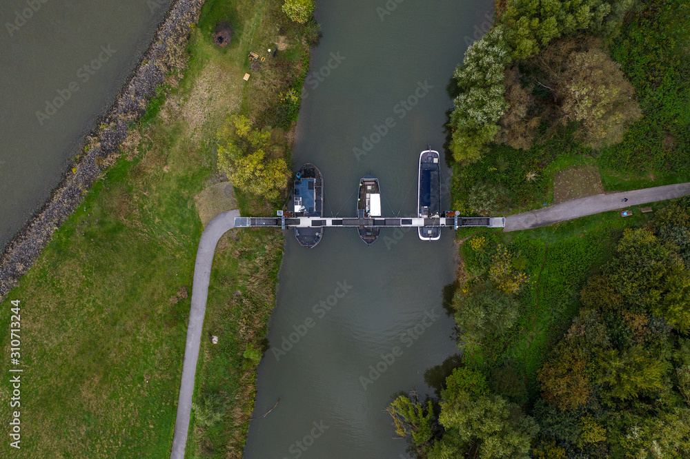 Aerial photography by drone, Ship bridge Wupper estuary is a historic ...
