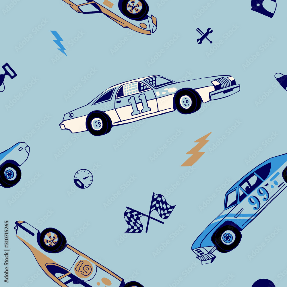 Racing cars seamless pattern. Hand-drawn muscle cars with isolated ...