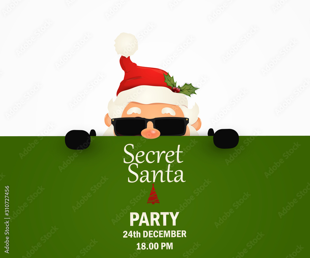 Secret Santa Claus invitation background standing behind a blank sign ...