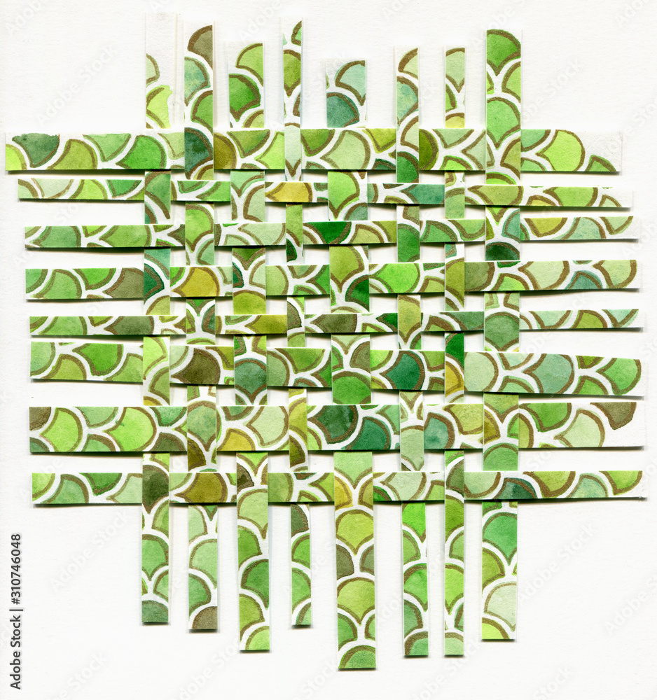 Watercolor woven paper collage in green color isolated on white ...