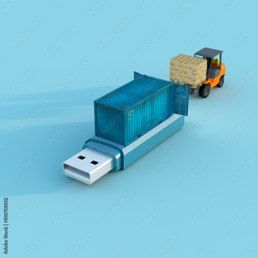 Cargo container on top of an usb pen drive being load by a forklift ...