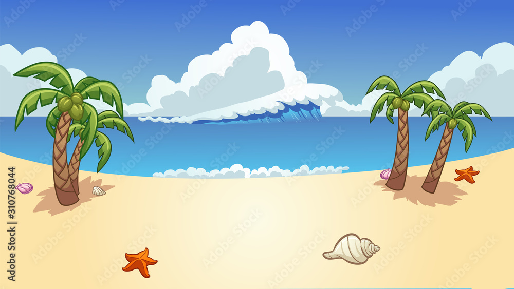 Poster Beach background with palm trees, wave and seashells clip art ...