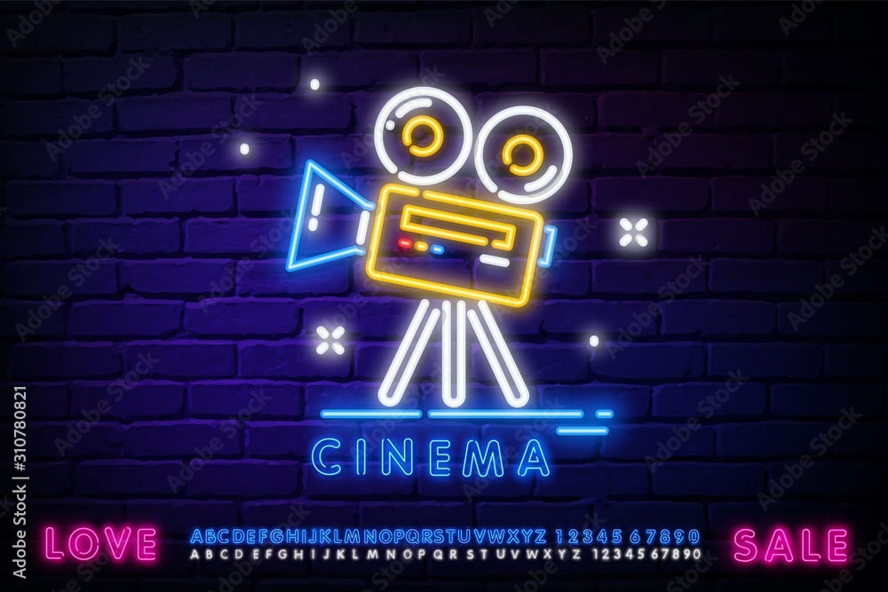 Cinema neon sign. Video camera neon sign. Luminous signboard with retro ...