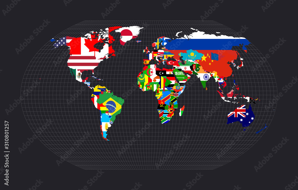 World map with flags. Kavrayskiy VII pseudocylindrical projection. Map ...