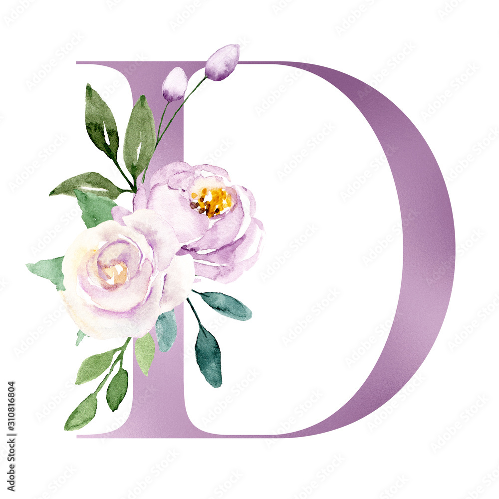 Floral alphabet, letter d with watercolor violet flowers and leaf ...