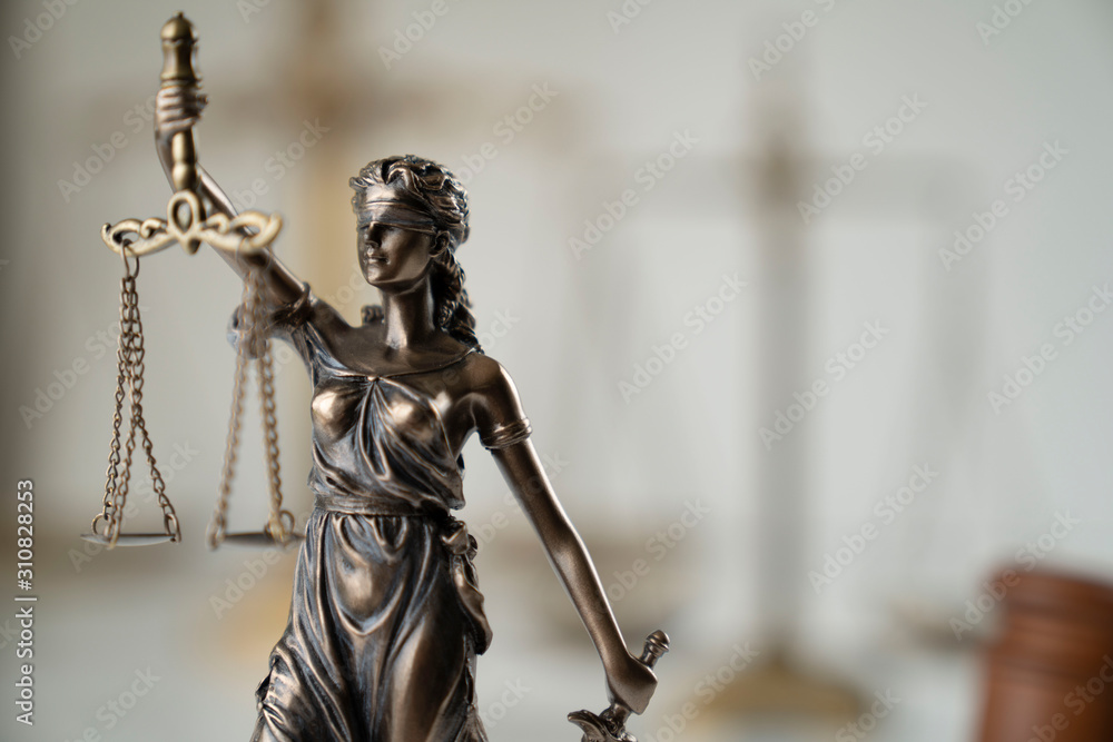 Law symbol composition. Gavel of the judge, Themis statue and scale of ...