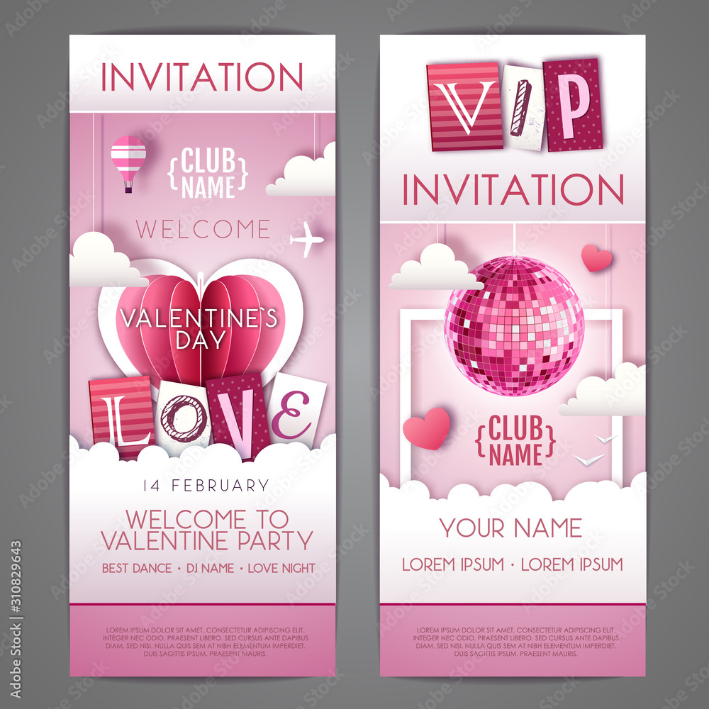 Happy Valentines day invitation design with love hearts in the sky. Cut ...