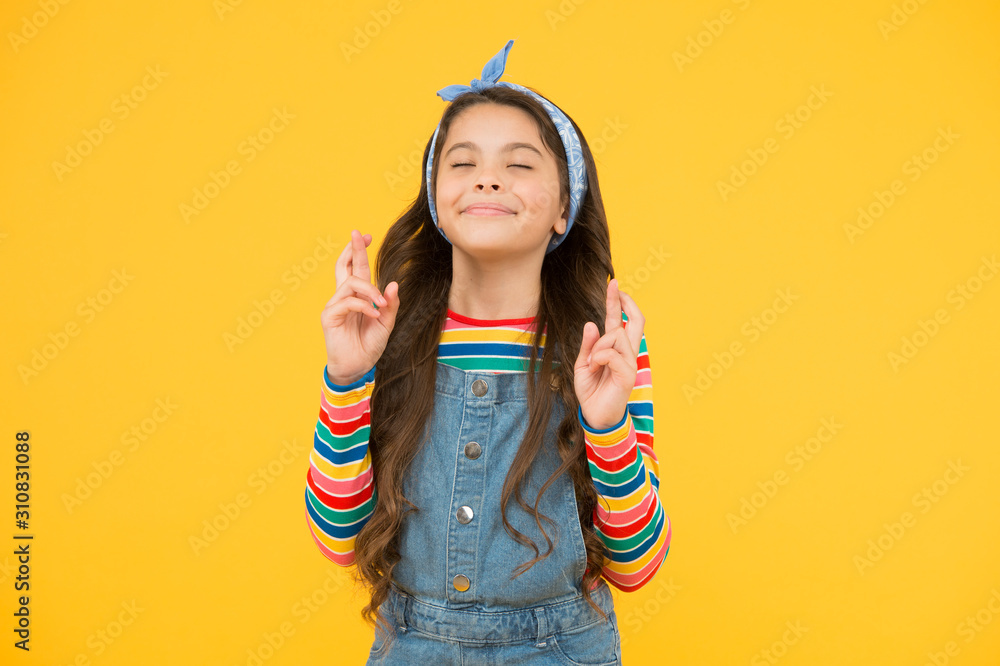 Child dream. Hopeful concept. Small child with long hair in casual ...