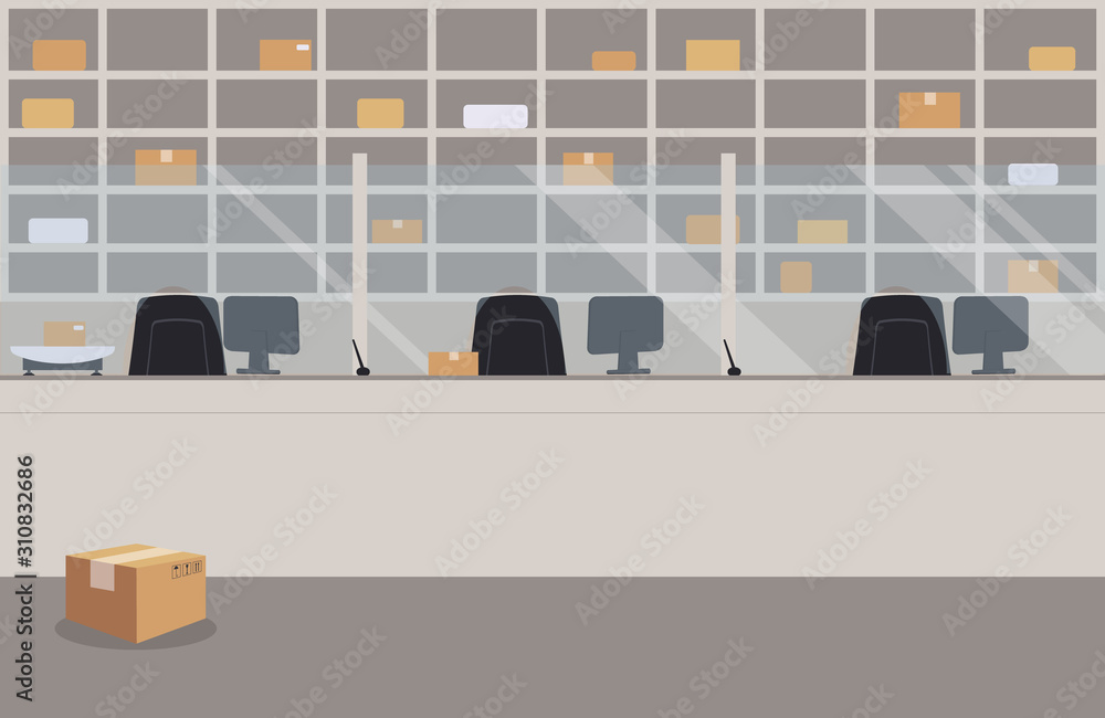 Interior of post office, postal scales, parcels, barrier, shelving ...