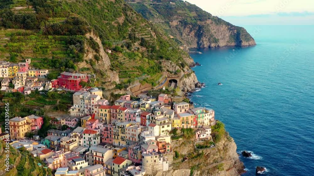 Village of Manarola in aerial view, Cinque Terre coast of Italy ...