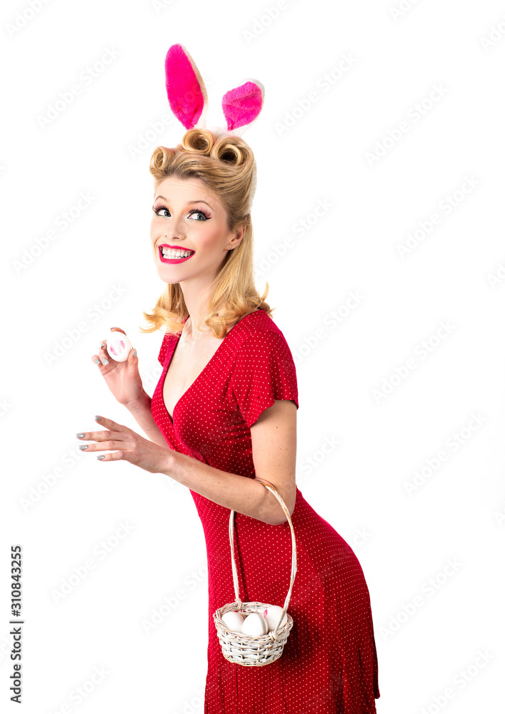 Sexy Model Dressed In Costume Easter Bunny Isolated White Background