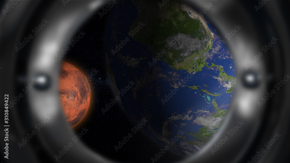 Earth and Mars view from the window of the spacecraft illustration ...