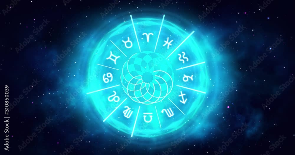Blue astrological wheel with rotating zodiac symbols and night starry ...