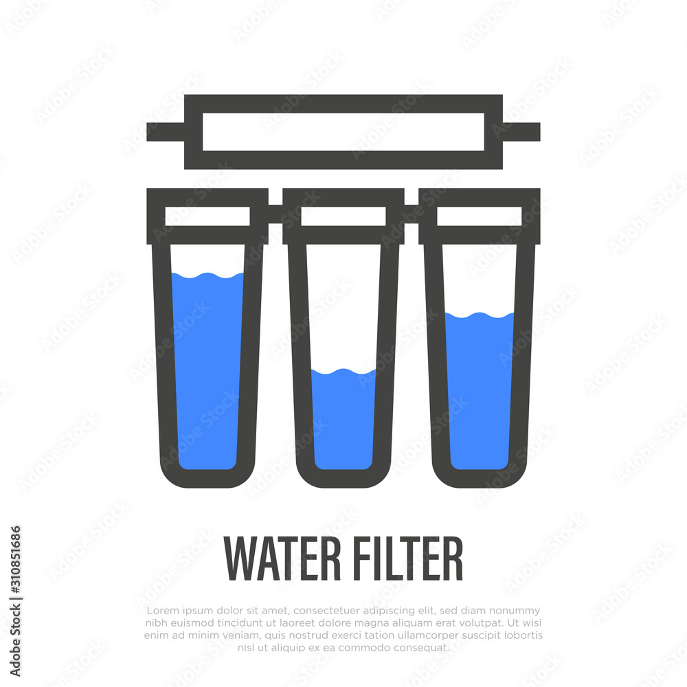 Water filter with cartridges thin line icon. System of water ...