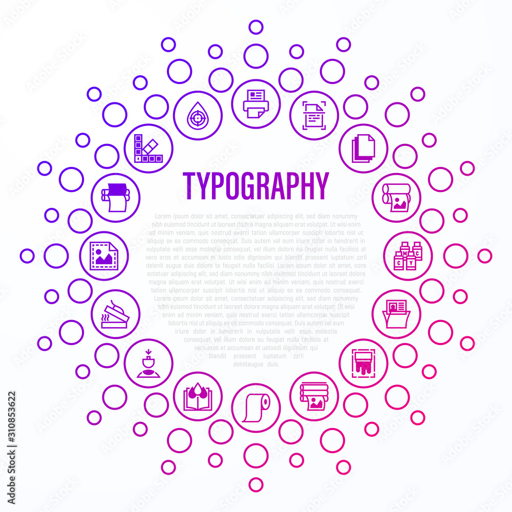 Typography, polygraphy concept in circle shape. Thin line icons: printing, scanning, flexography ...