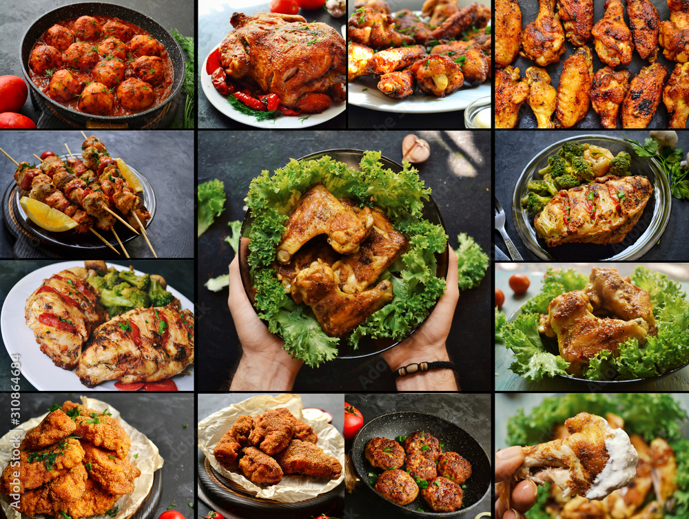 Collage of diverse food. Various tasty and healthy food. Meat chicken ...