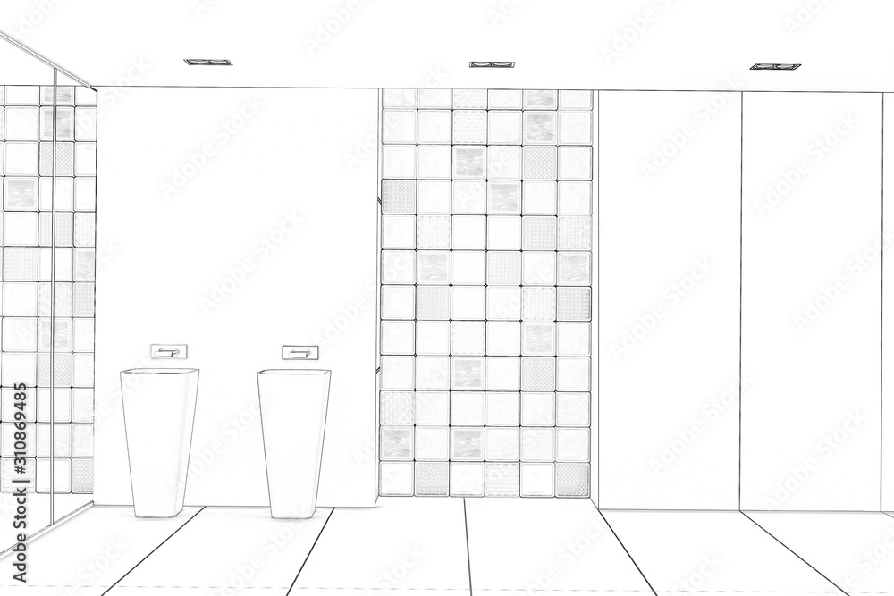 Sketch of a minimalist interior shower room with window and washbasins ...