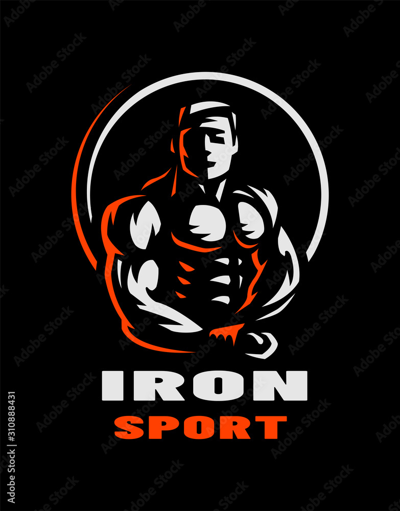 Iron sport. Bodybuilding. Athlete silhouette logo, emblem on a dark ...