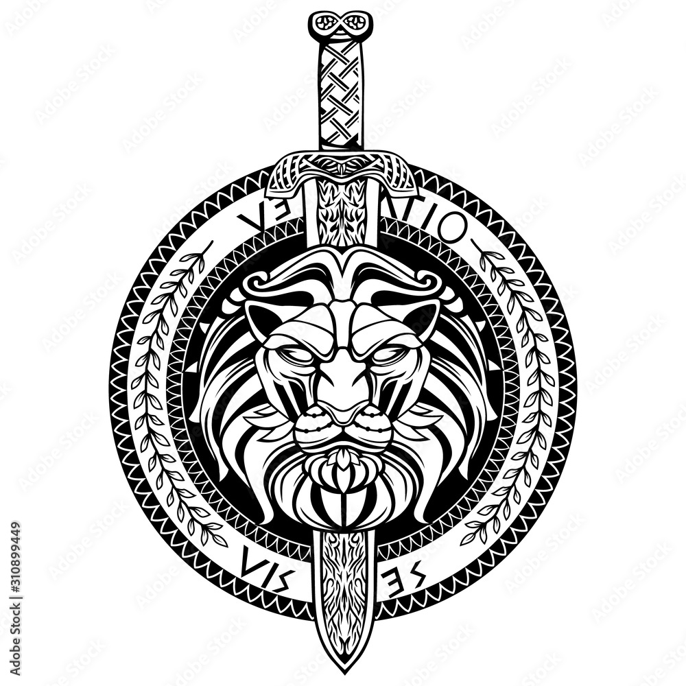 seamless spartan lion sword and shield black and white vector line art ...