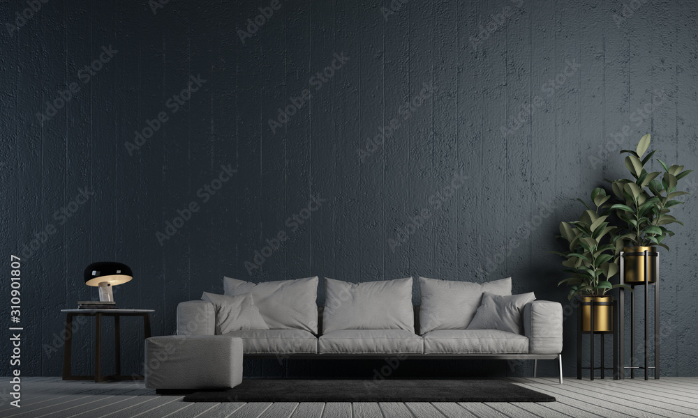 Modern blue living room interior desigm adn concrte texture wall ...